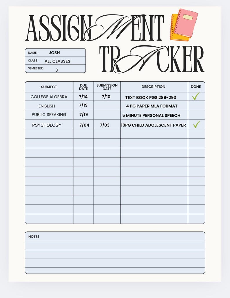 Student Assignment Tracker | Printable PDF | Digital Download - Etsy