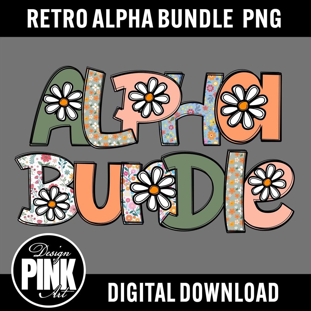 Retro Floral Alphabet PNG Bundle: Groovy Daisy Letters Clipart (digital ...