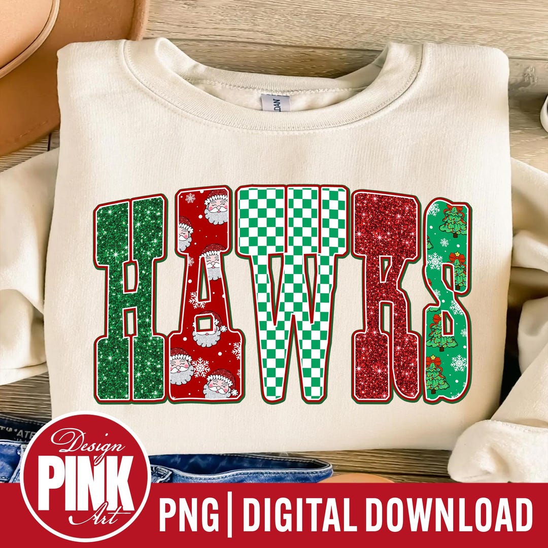 Hawks Christmas PNG, Santa Mascot Sport Sublimation, Green Red Glitter ...