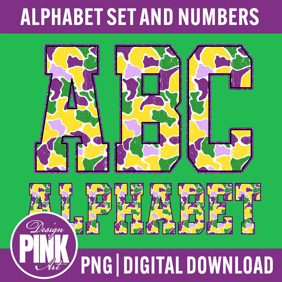 Mardi Gras Alphabet PNG Bundle | Camo Letters and Numbers Set | Full ...