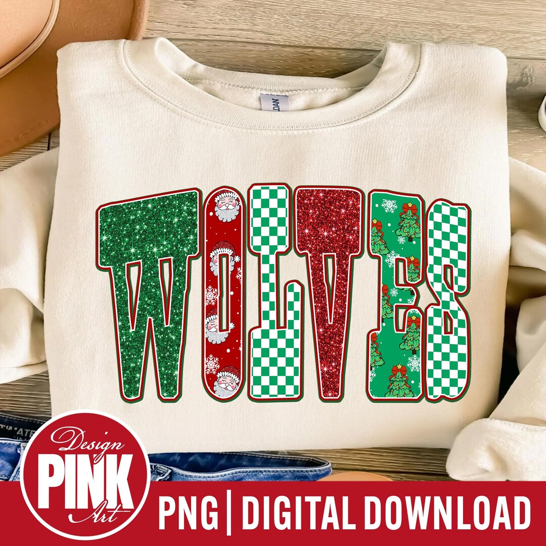 Wolves Christmas PNG, Santa Mascot Sport Sublimation, Green Red Glitter ...
