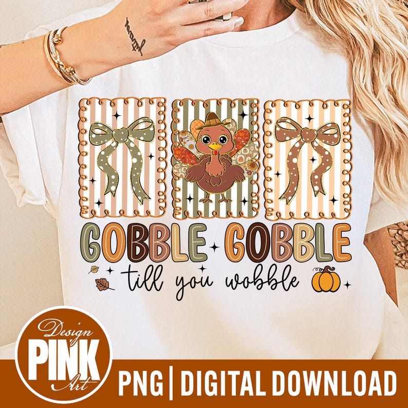 Preppy Gobble Gobble PNG | Cute Turkey Sublimation | Thanksgiving Bows ...