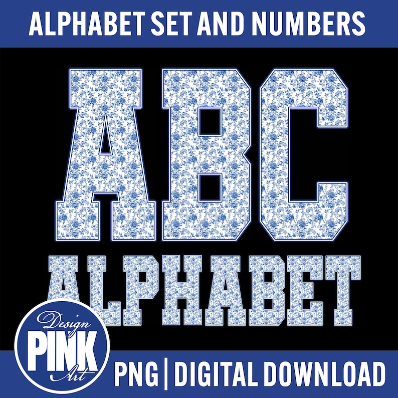 Blue Toile Varsity Alphabet PNG Set | Floral Letters Numbers ...