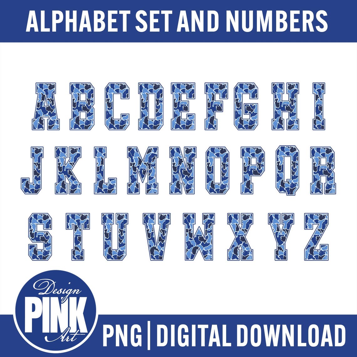 Blue Camo Varsity Alphabet PNG Set | Blue Camouflage Letters Numbers ...