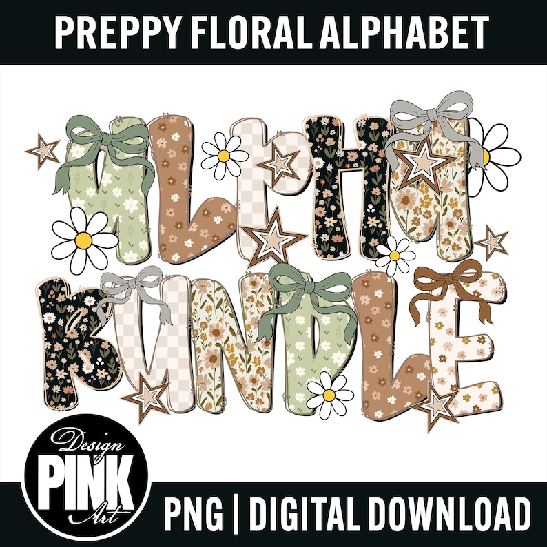 Preppy Floral Alphabet PNG Bundle, Fall Doodle Letters, Coquette Brown ...