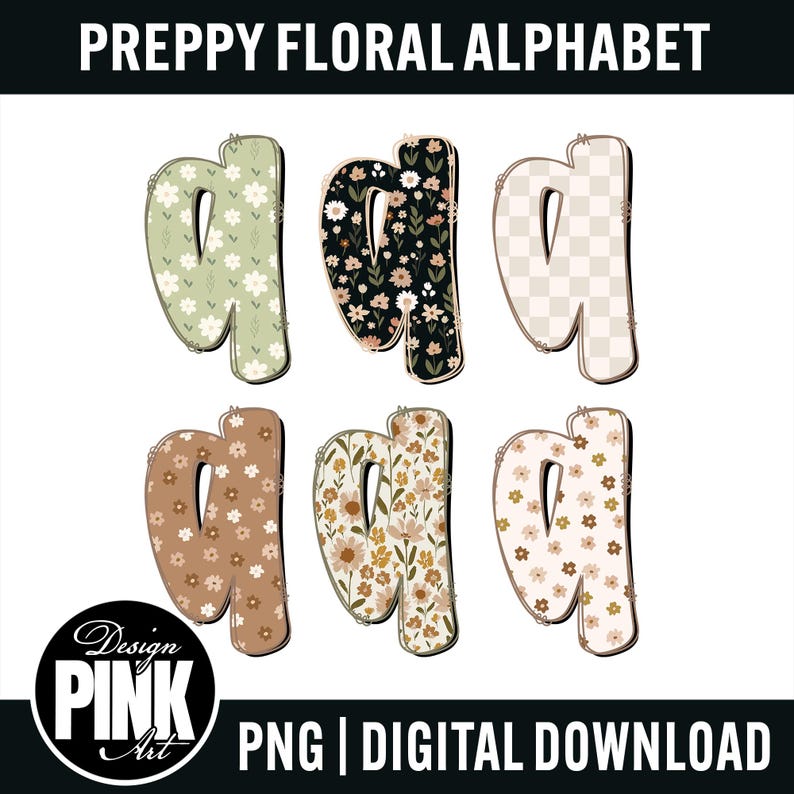 Preppy Floral Alphabet PNG Bundle, Fall Doodle Letters, Coquette Brown ...
