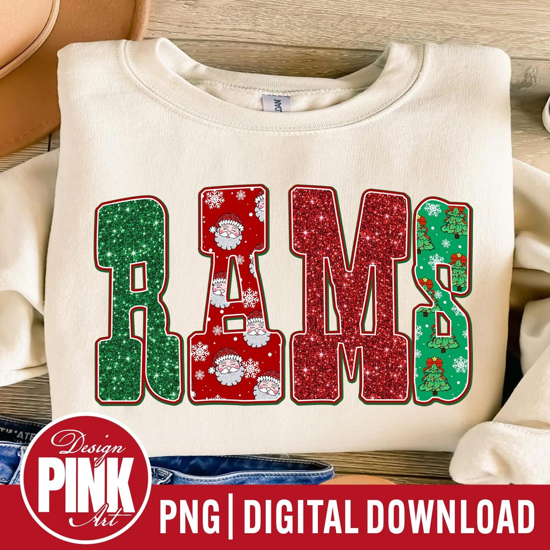 Rams Christmas PNG, Santa Mascot Sport Sublimation, Green Red Glitter ...