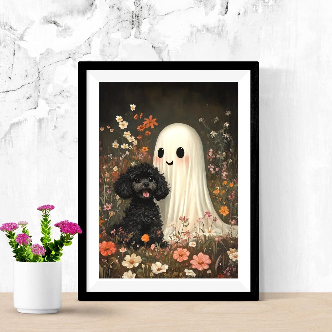 Whimsical Ghost and Black Poodle Art Print, Dark Floral Background ...