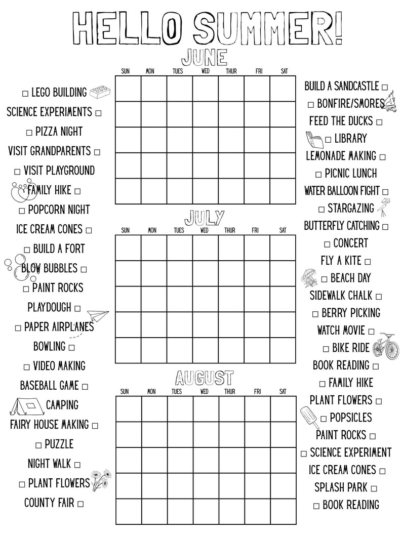 Printable Summer Checklist for Kids – 18x24 Poster With June July ...