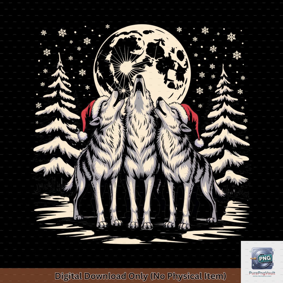 Wolf Christmas PNG, Funny Santa Hat Wolves Howling at Moon – Winter ...