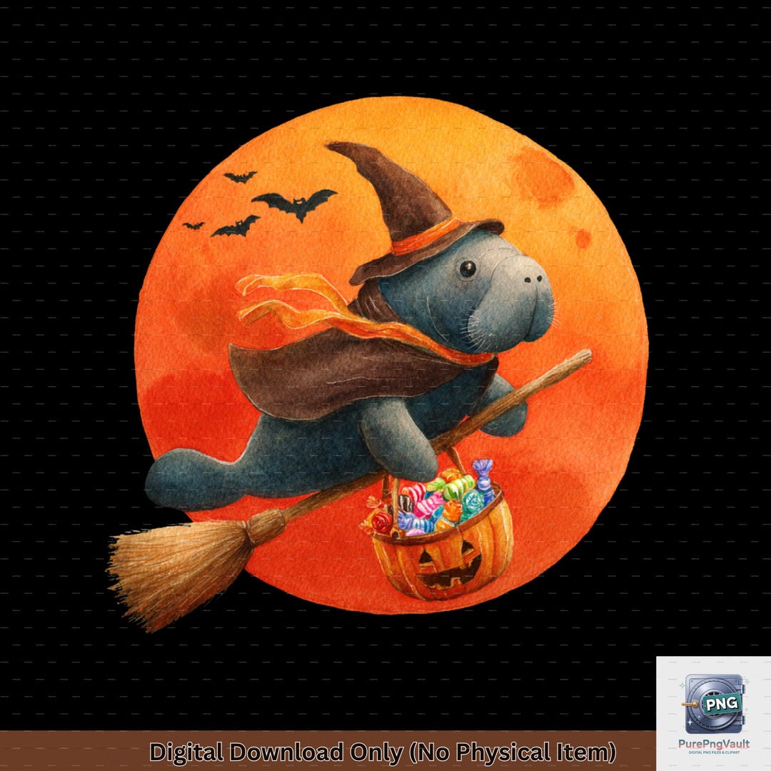 Manatee Witch Hat Halloween PNG, Cute Watercolor Manatee on Broom With ...