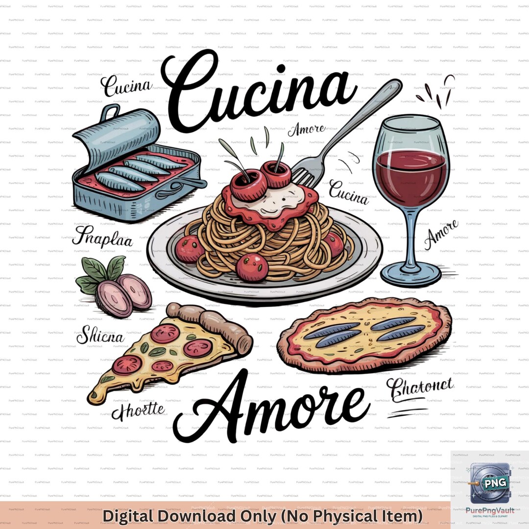 Italian Summer Charm PNG, Cute Italian Food Clipart, Pasta Pizza Wine ...