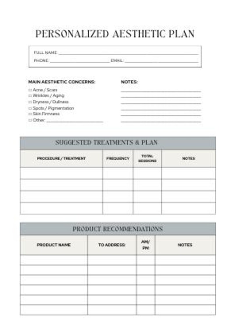 Printable Aesthetic Treatment Plan | Client Consultation Form | Perfect ...