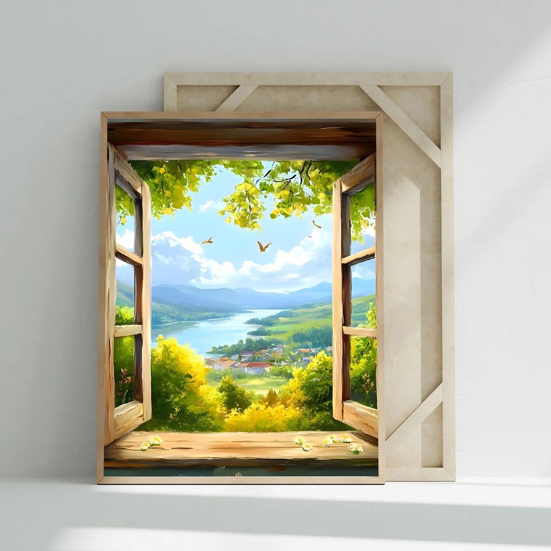 Window View Wall Art: Spring Landscape Painting, Calming Nature Scenery ...