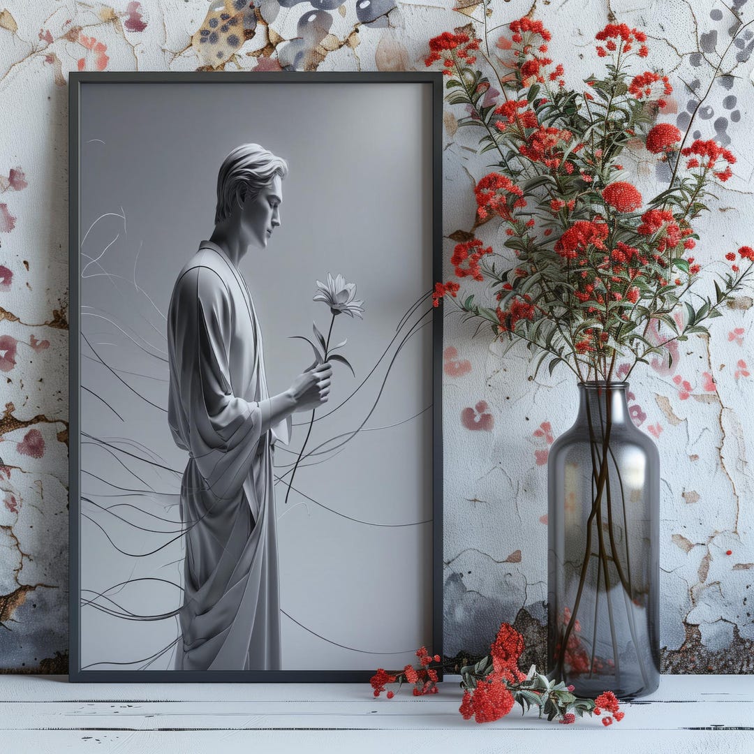 Minimal Line Art 3D Wall Art – Serene Male Figure Holding Flower, Black ...