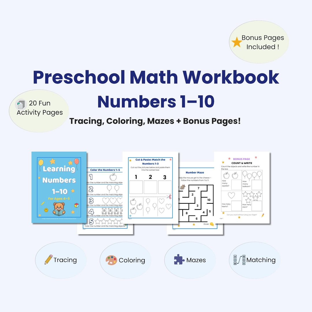 Preschool Math Printable Workbook: Numbers 1-10, Tracing, Mazes (PDF ...