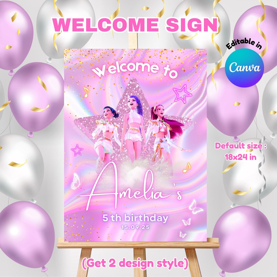 Kpop Demon Hunter Welcome Sign, Editable Canva Template, Anime Birthday ...