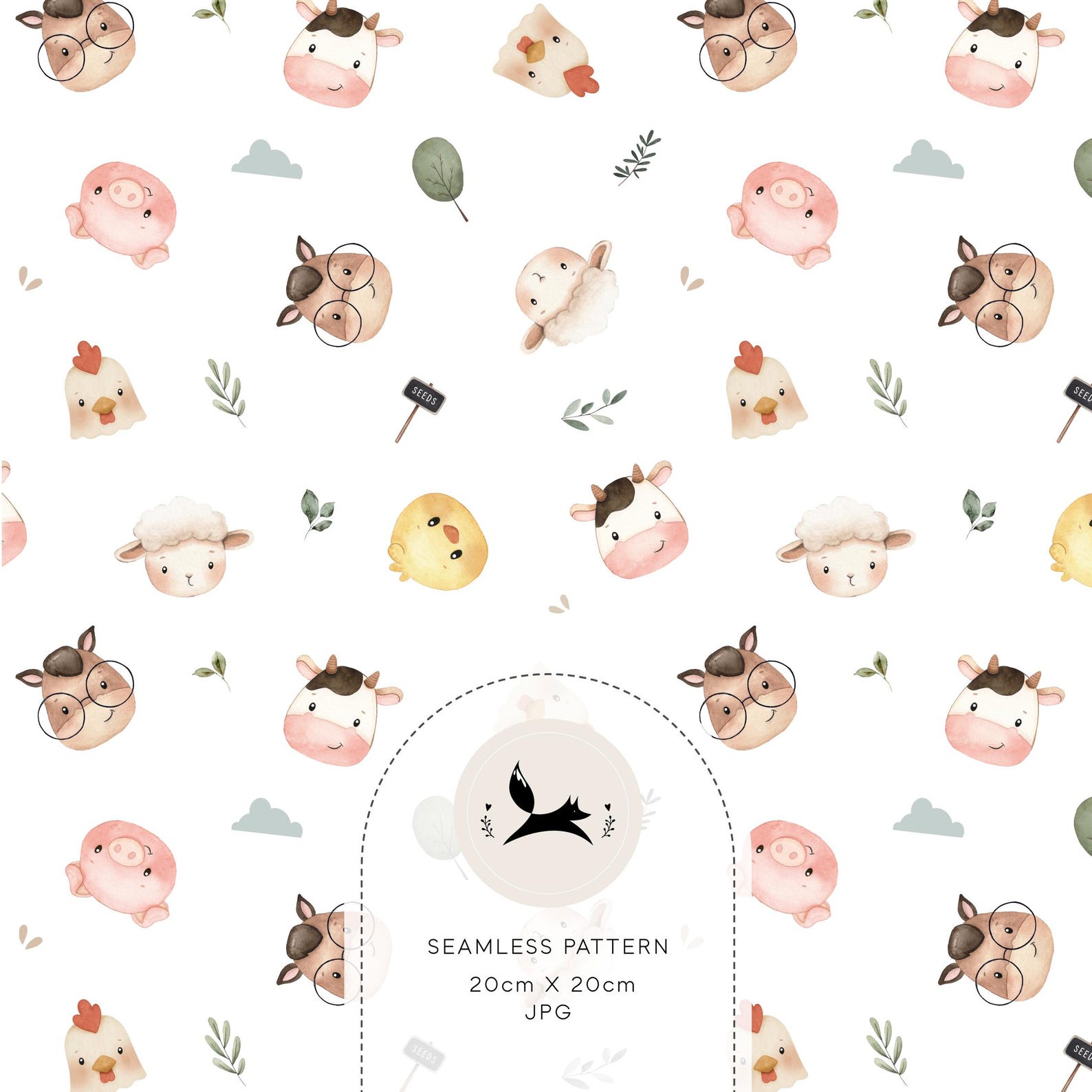 Farm Animal Faces, Cute Farm Seamless, Cow, Sheep, Seamless Fabric ...