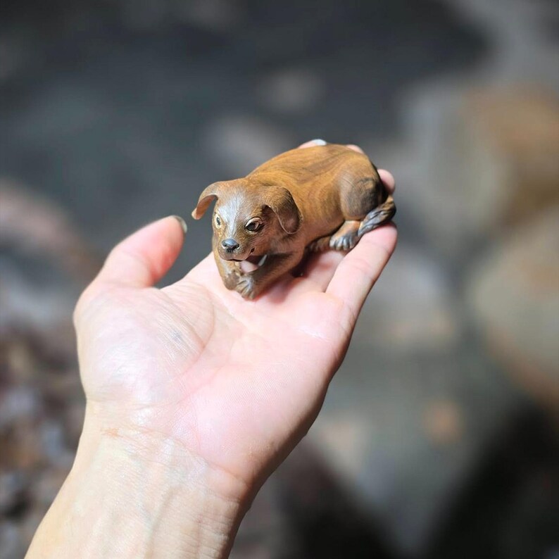Hand Carved Wooden Dog Figurine – Natural Wood Animal Sculpture – Small ...