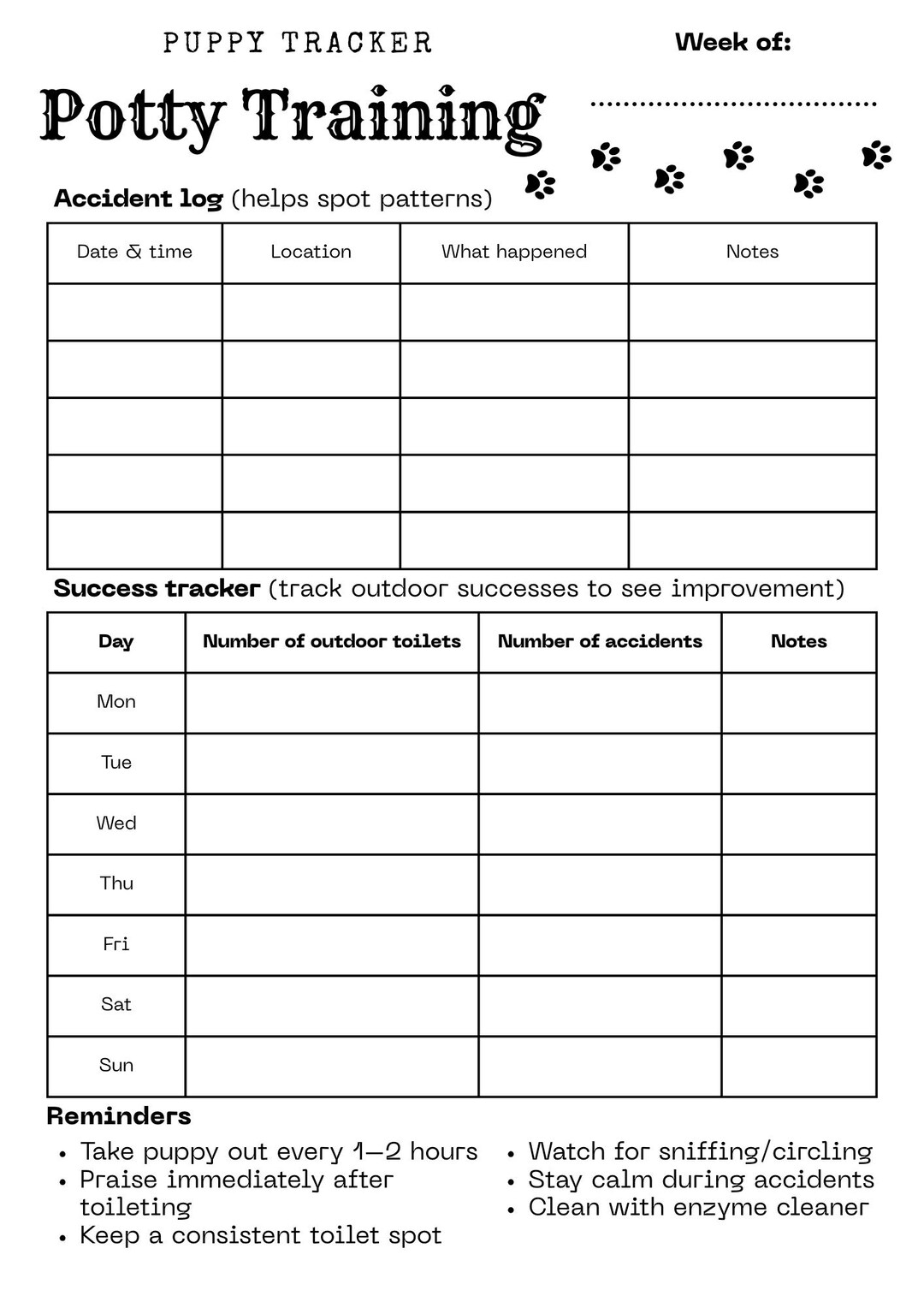 Potty Training Tracker - Printable PDF - Etsy UK