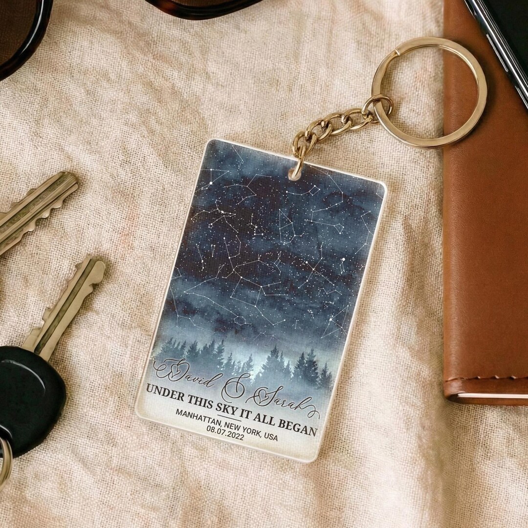 Custom Star Map Keychain, Keychain With Any Text, Star Map by Date ...