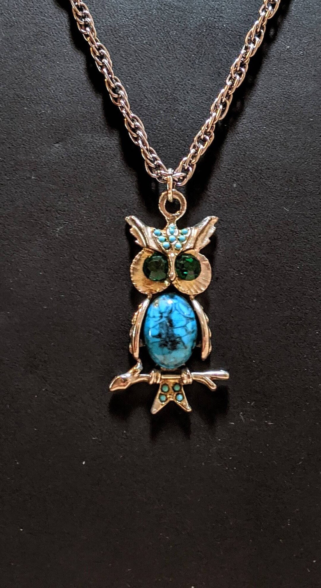Vintage Faux Turquoise Jelly Belly Owl Pendant and Necklace With Green ...