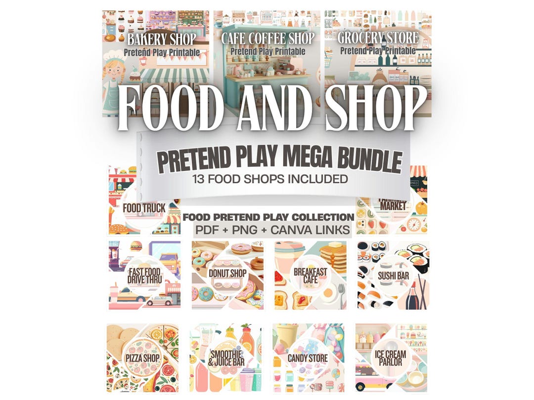 Food Shop Pretend Play Mega Bundle Printable for Kids | Cafe, Bakery ...