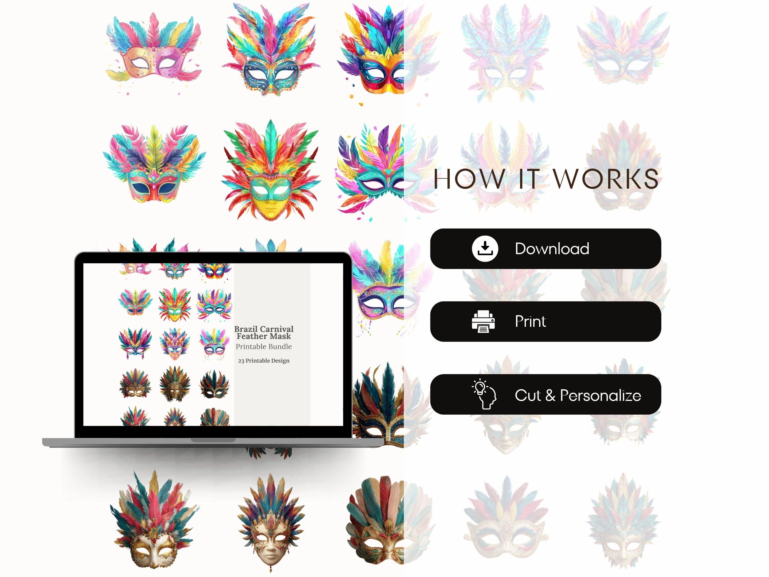 Brazil Carnival Feather Mask Printable Rio Festival Art Printable Party ...