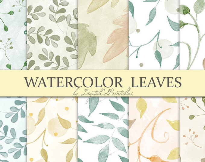 Watercolor Digital Paper Watercolor Leaves Digital Paper Autumn Leaves ...