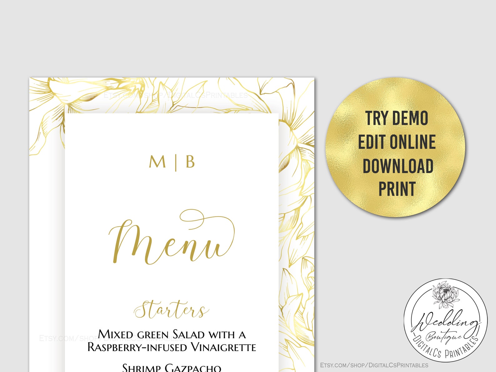 Gold Floral Wedding Menu Template Elegant Floral Border Gold | Etsy