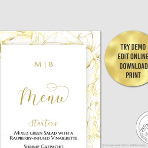 Gold Floral Wedding Menu Template Elegant Floral Border Gold and White ...