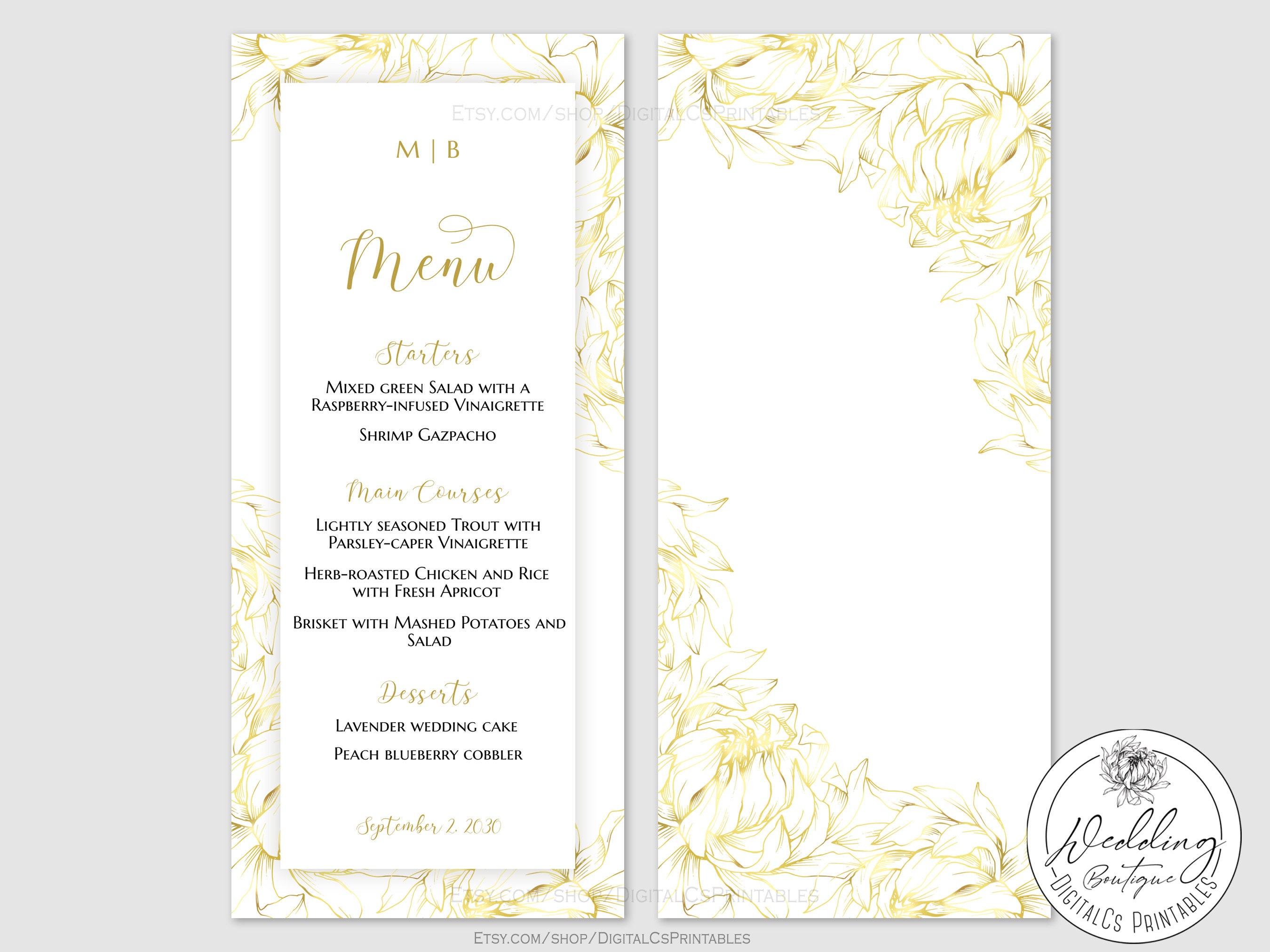 Gold Floral Wedding Menu Template Elegant Floral Border Gold and White ...