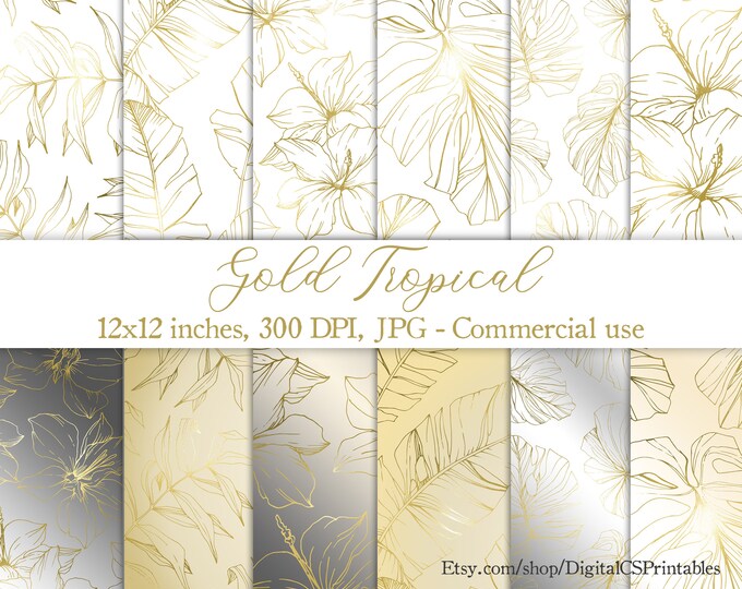Gold Tropical Digital Paper Gold White Palm Leaf Exotic Digital Paper ...