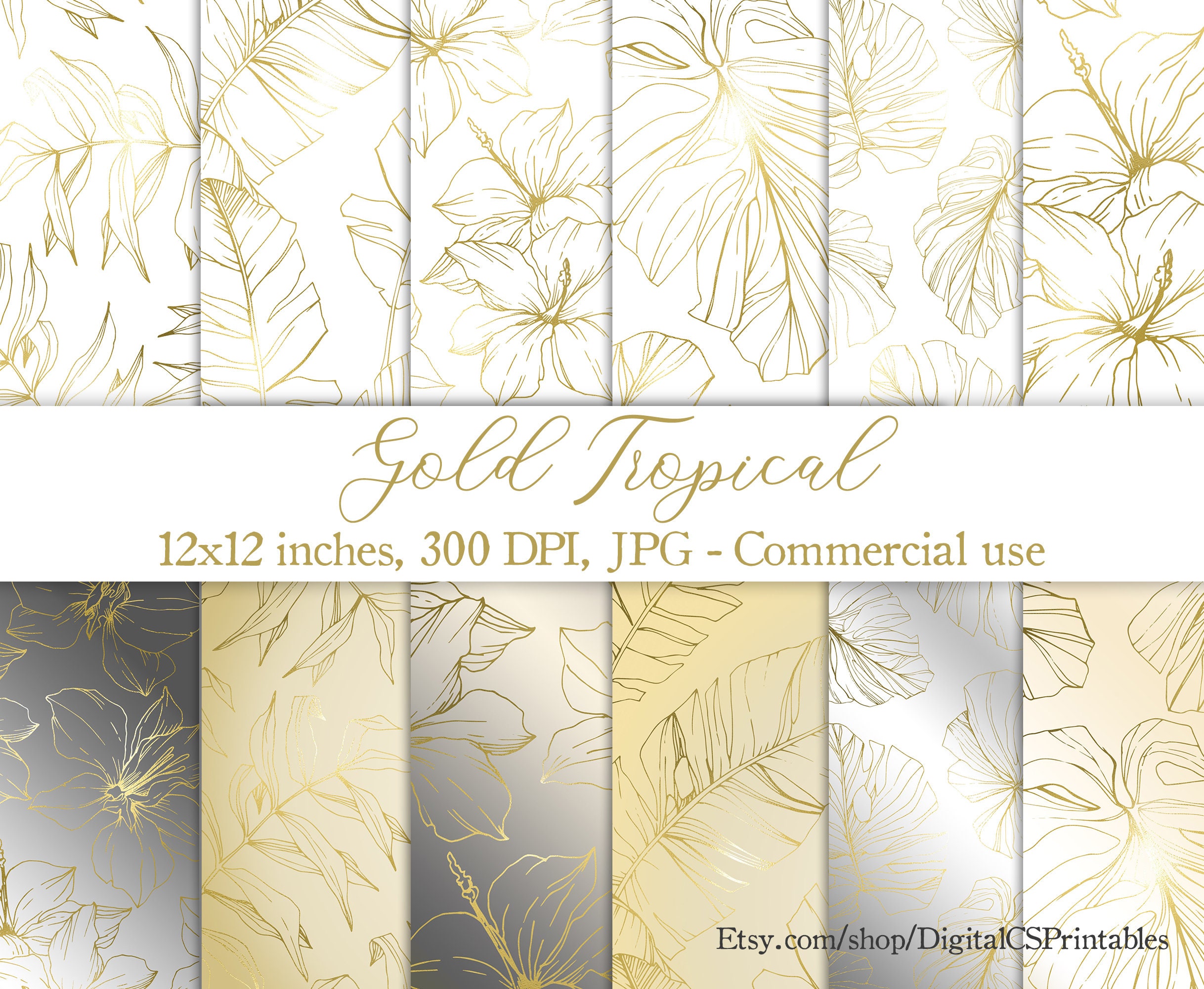 Gold Tropical Digital Paper Gold White Palm Leaf Exotic Digital Paper ...