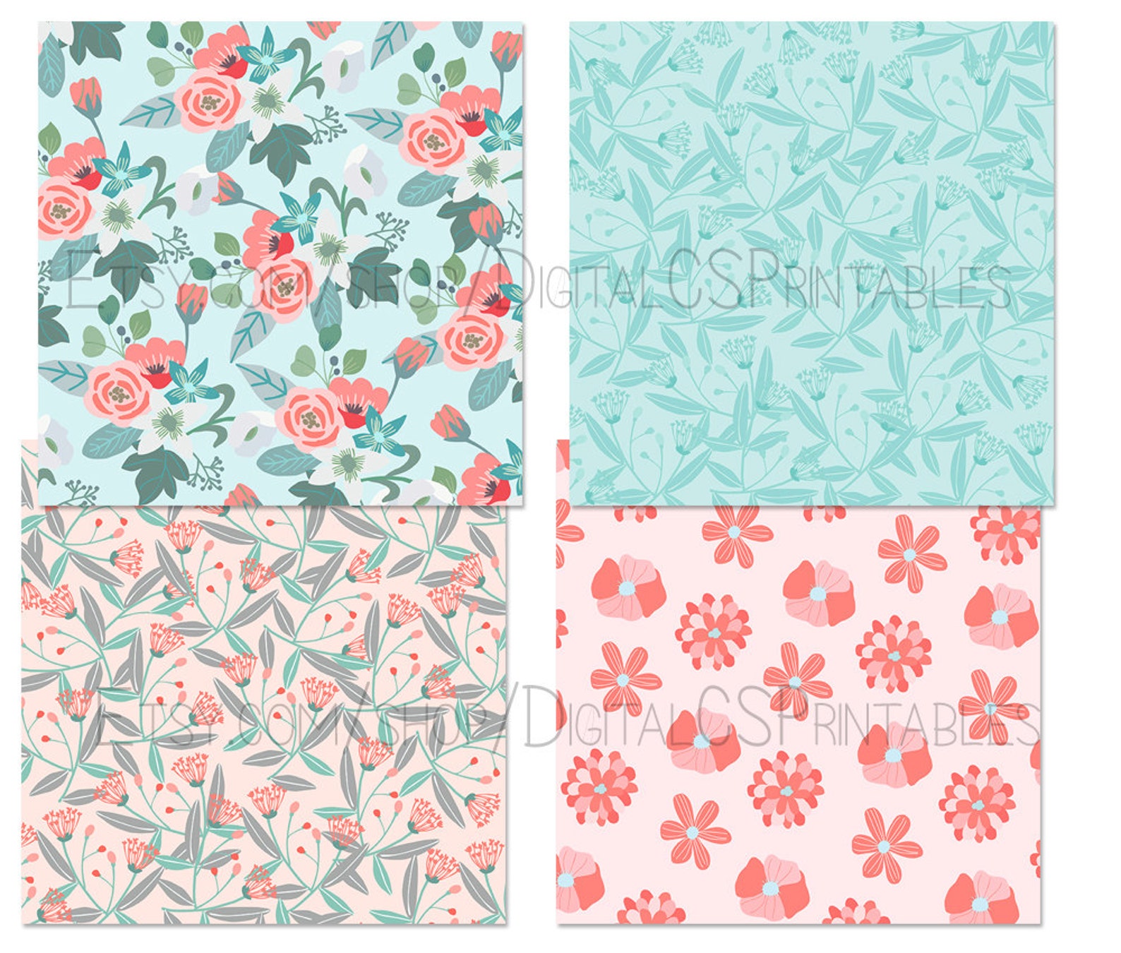 Floral Digital Paper Floral Coral Digital Paper Flower Teal - Etsy