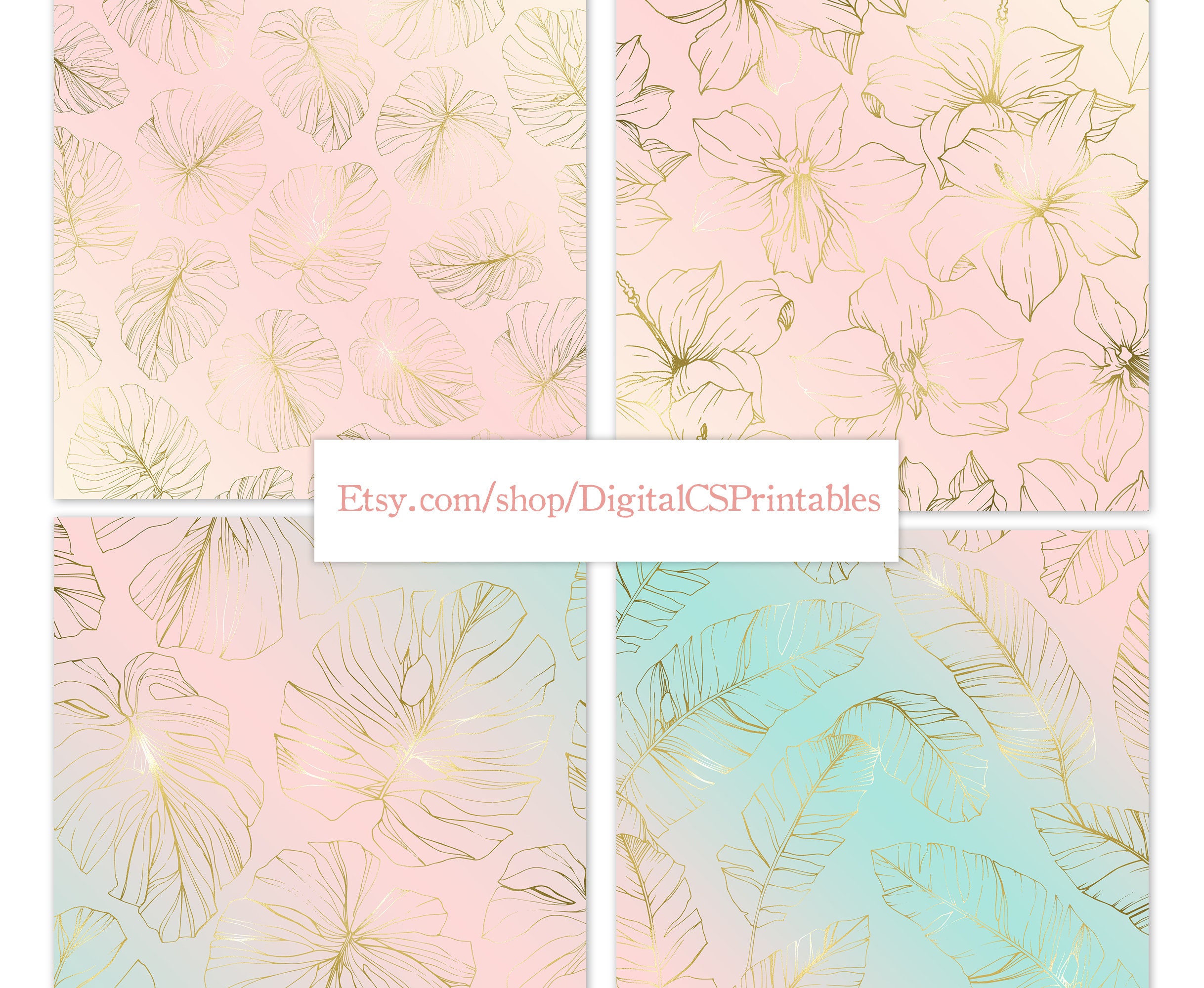Gold and Pastel Ombre Tropical Digital Paper Blush Pink Palm Leaf ...