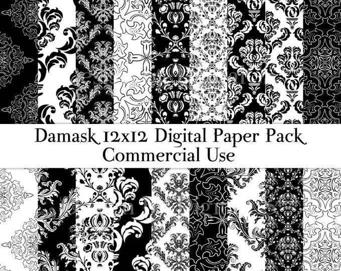 Damask Digital Paper Black and White Damask Paper 12x12 Scrapbook Paper ...