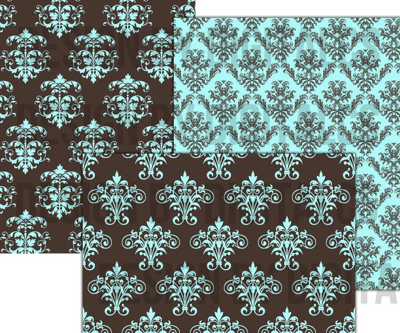 Brown Turquoise Digital Paper Damask Digital Paper Pack Brown - Etsy