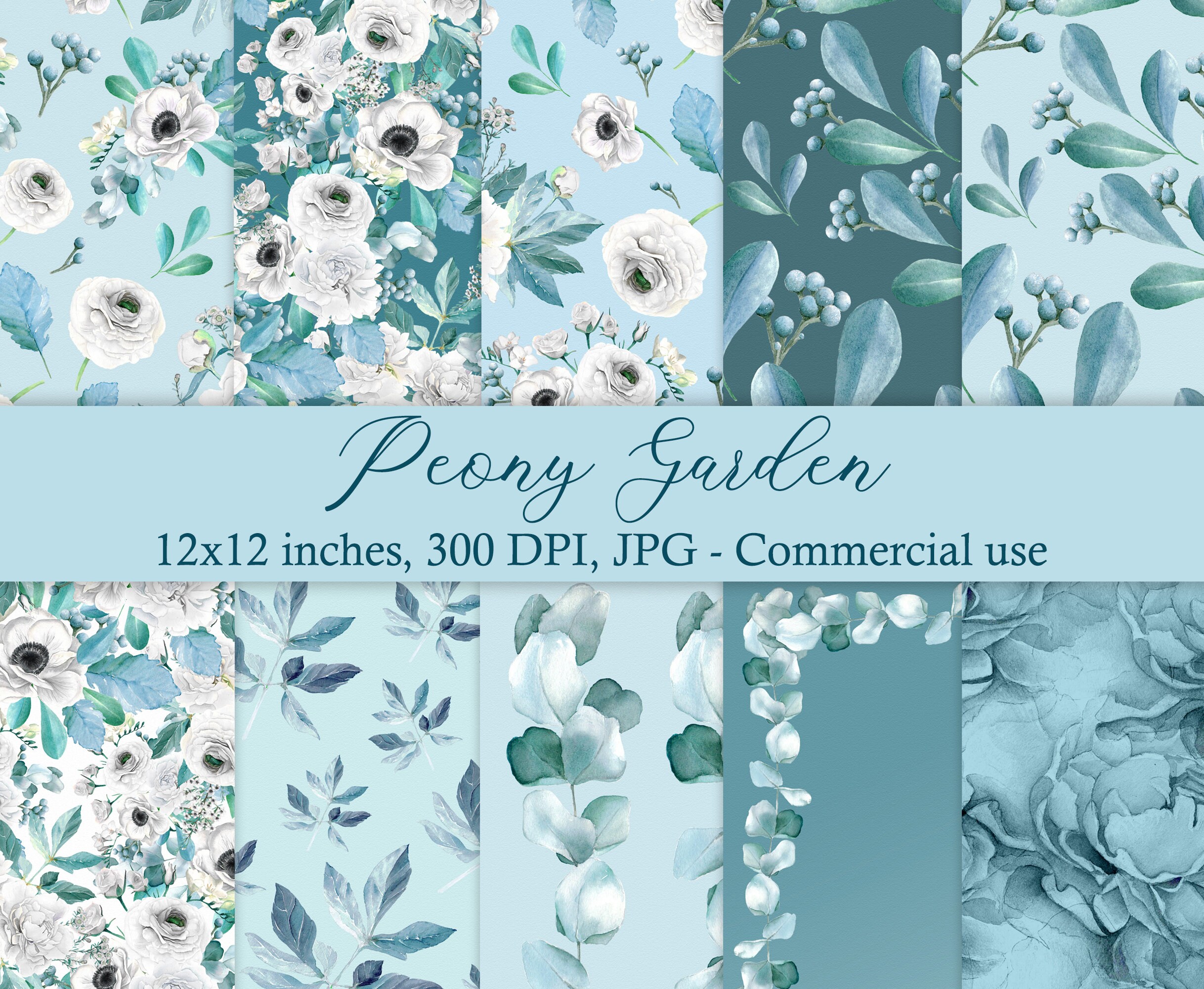 Peony Digital Paper Peonies and Roses Blue Floral Digital Paper Blue ...