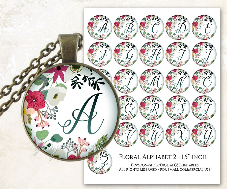 Floral Alphabet Bottle Cap Images 1 Inch Circle Digital Download ...
