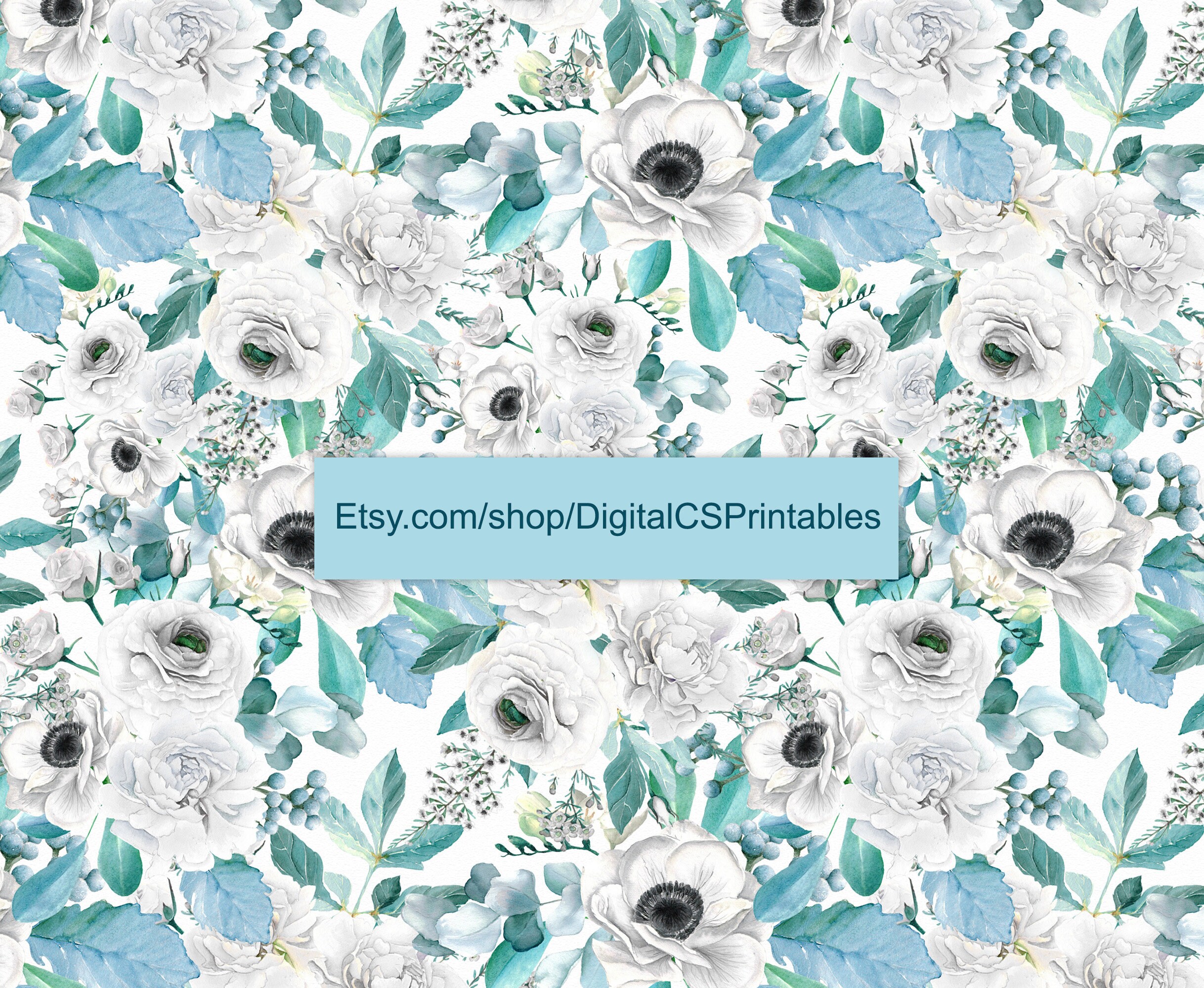 Peony Digital Paper Peonies and Roses Blue Floral Digital Paper Blue ...
