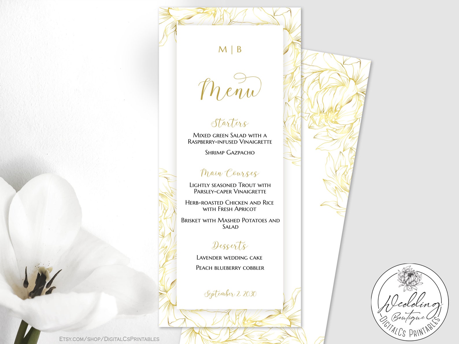 Gold Floral Wedding Menu Template Elegant Floral Border Gold and White ...
