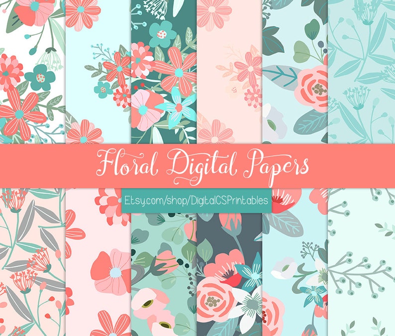 Floral Digital Paper Floral Coral Digital Paper Flower Teal - Etsy