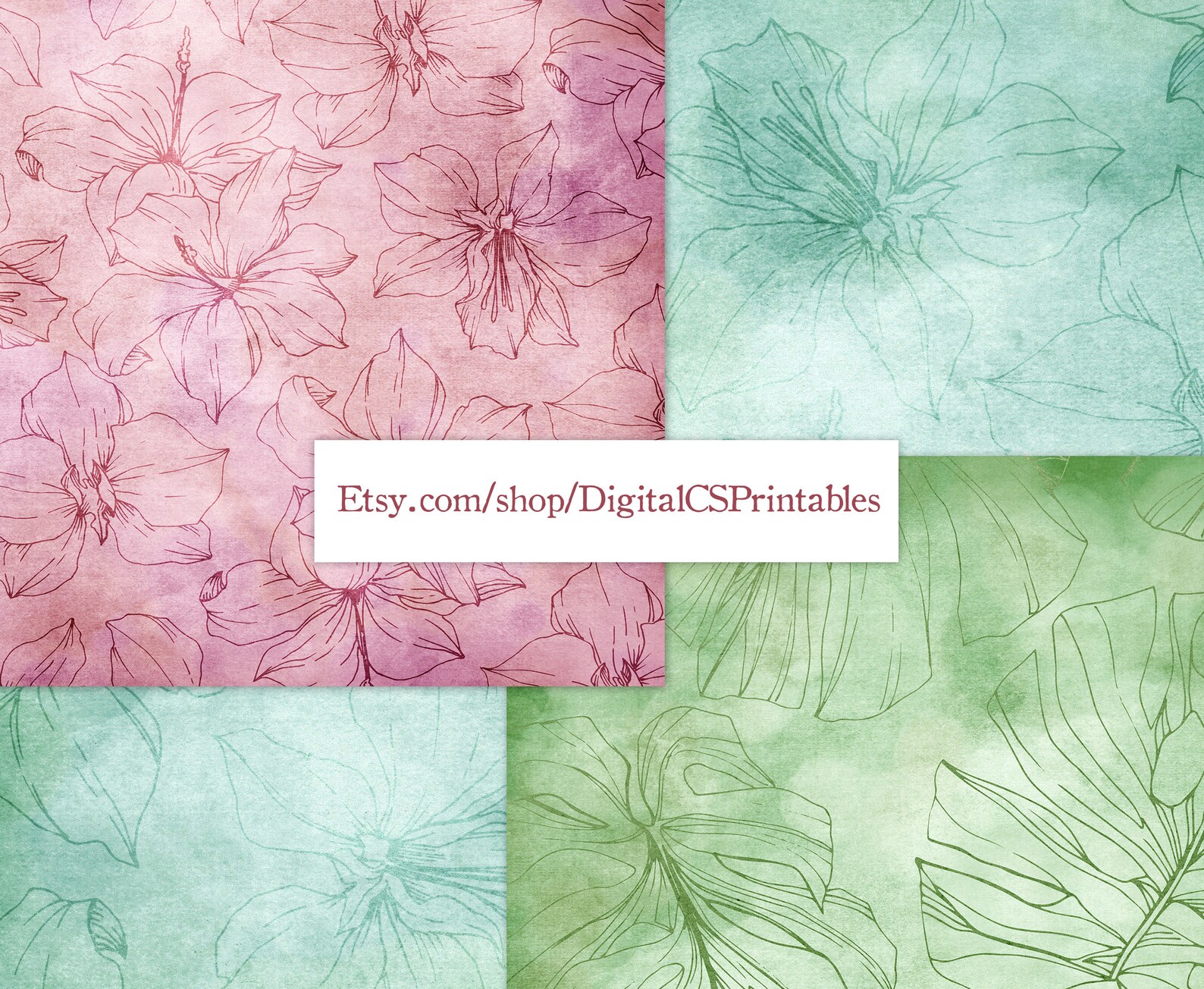 Watercolor Tropical Digital Paper Palm Leaf Pattern Exotic Digital ...