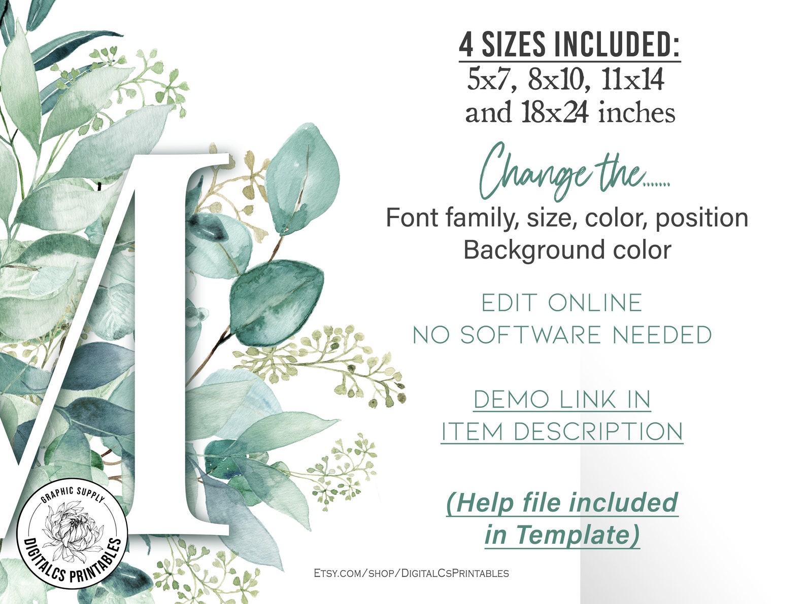 Editable Monogram Wall Decor Custom Name Print Eucalyptus Greenery ...