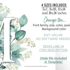 Editable Monogram Wall Decor Custom Name Print Eucalyptus Greenery ...