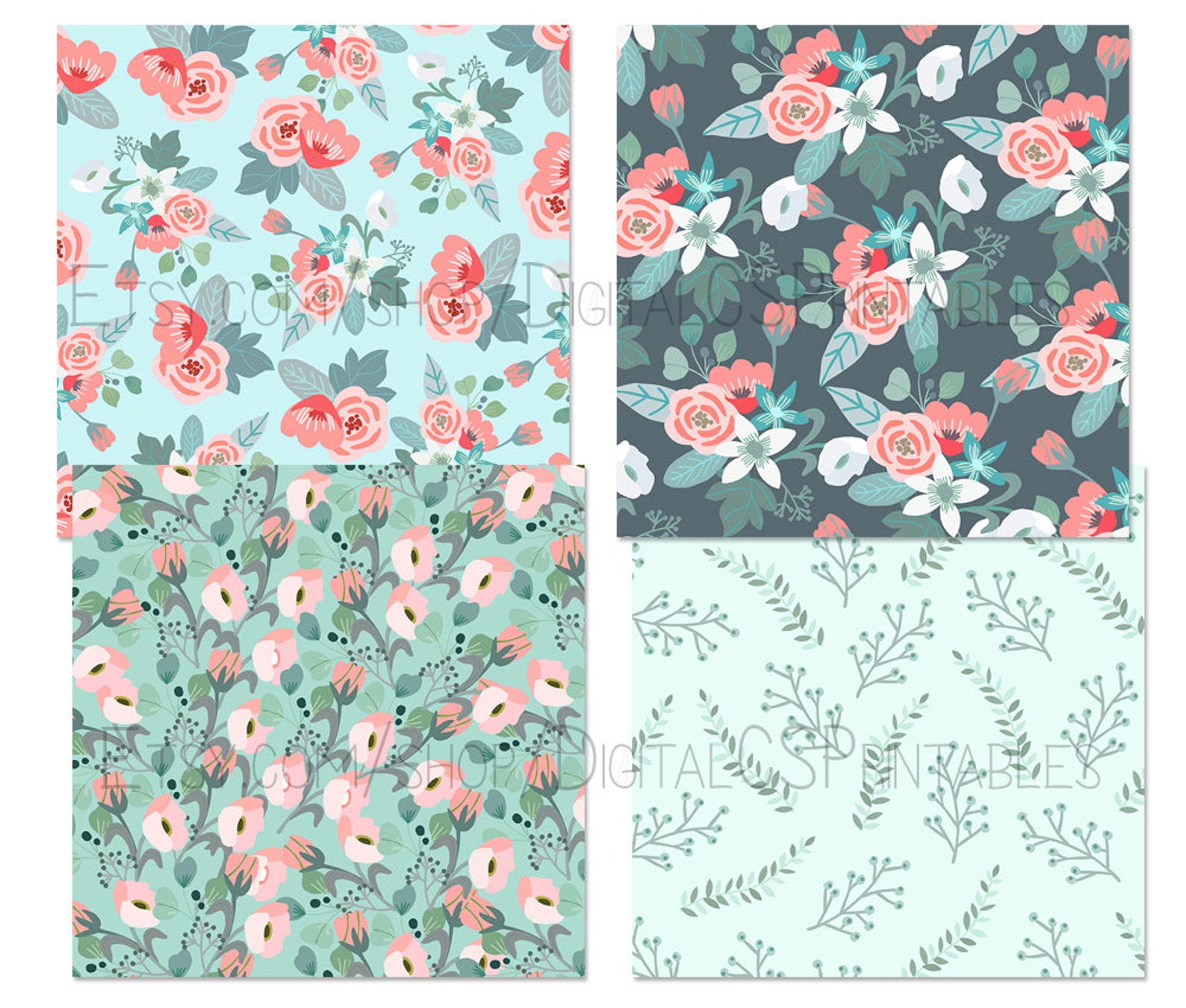 Floral Digital Paper Floral Coral Digital Paper Flower Teal - Etsy
