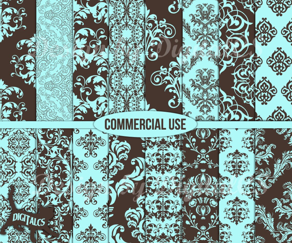 Brown Turquoise Digital Paper Damask Digital Paper Pack Brown - Etsy