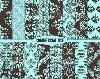 Blue Brown Damask | Etsy