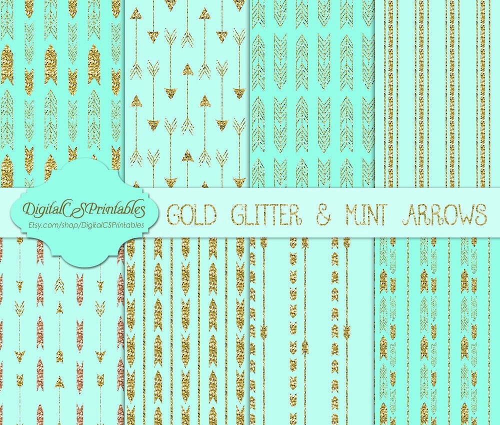 Gold and Mint Arrow Digital Paper Arrow Tribal Digital Paper Gold ...